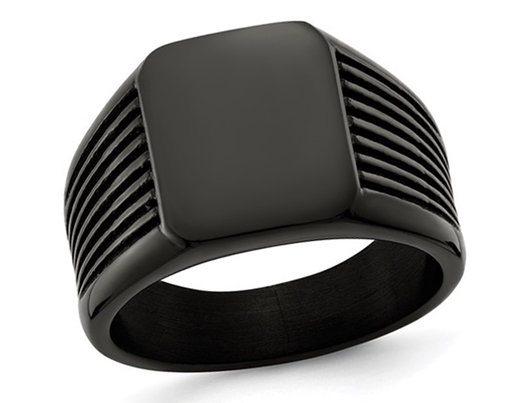 Men's Black Plated Polished Stainless Steel Signet Ring - Gem & Harmony