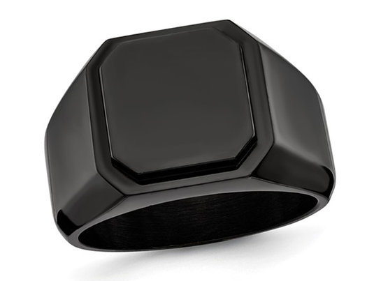 Men's Polished Black Plated Stainless Steel Signet Ring - Gem & Harmony